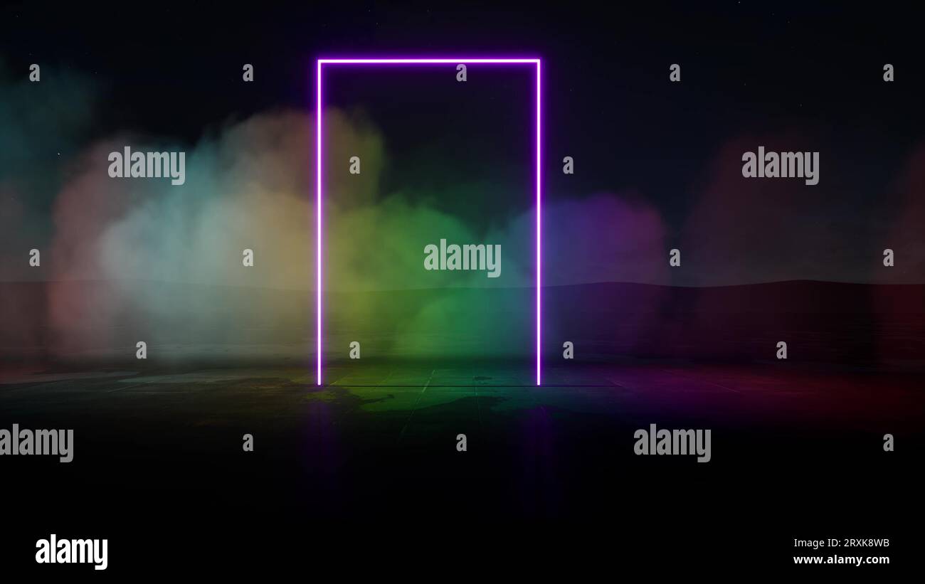 Door neon portal color clouds futuristic landscape 3d render Stock ...