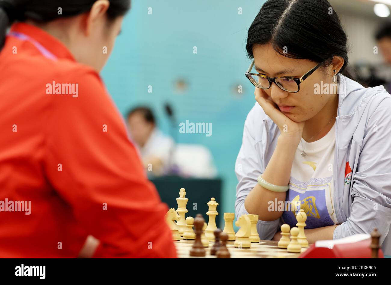 Hangzhou, China's Zhejiang Province. 26th Sep, 2023. Hou Yifan (R) of ...