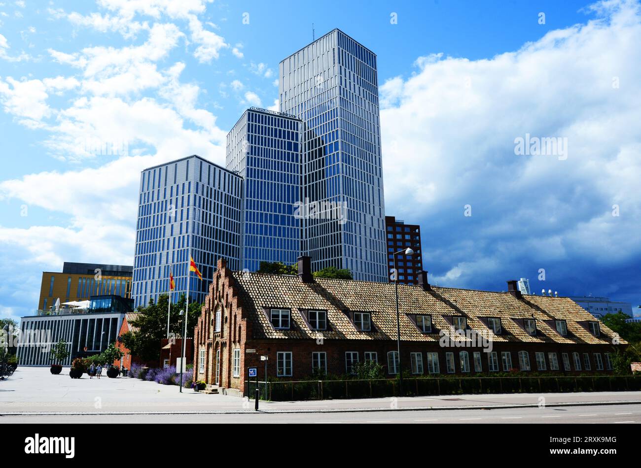 The skyline in downtown Malmö combines modern architecture with ...