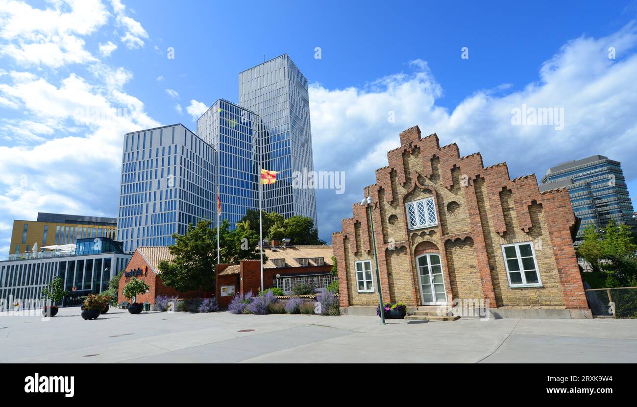 The skyline in downtown Malmö combines modern architecture with ...