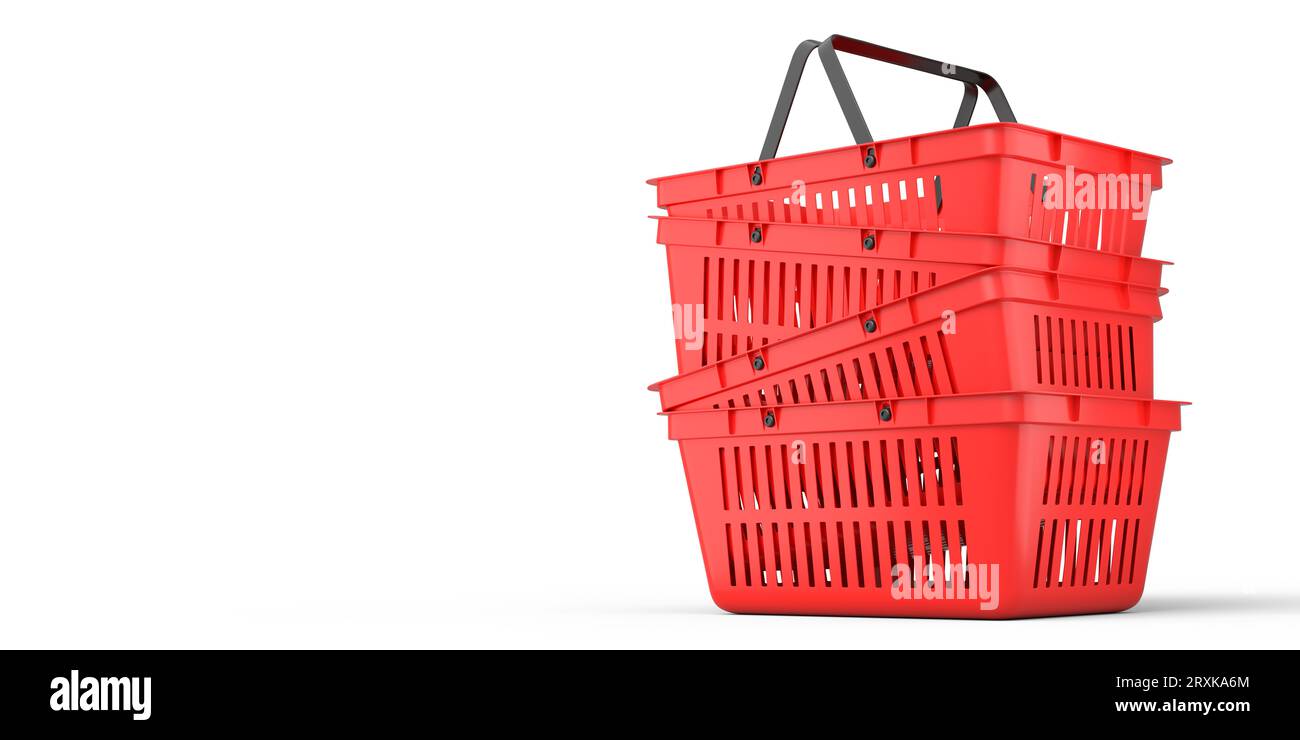 Stack of plastic shopping basket from supermarket on white background ...