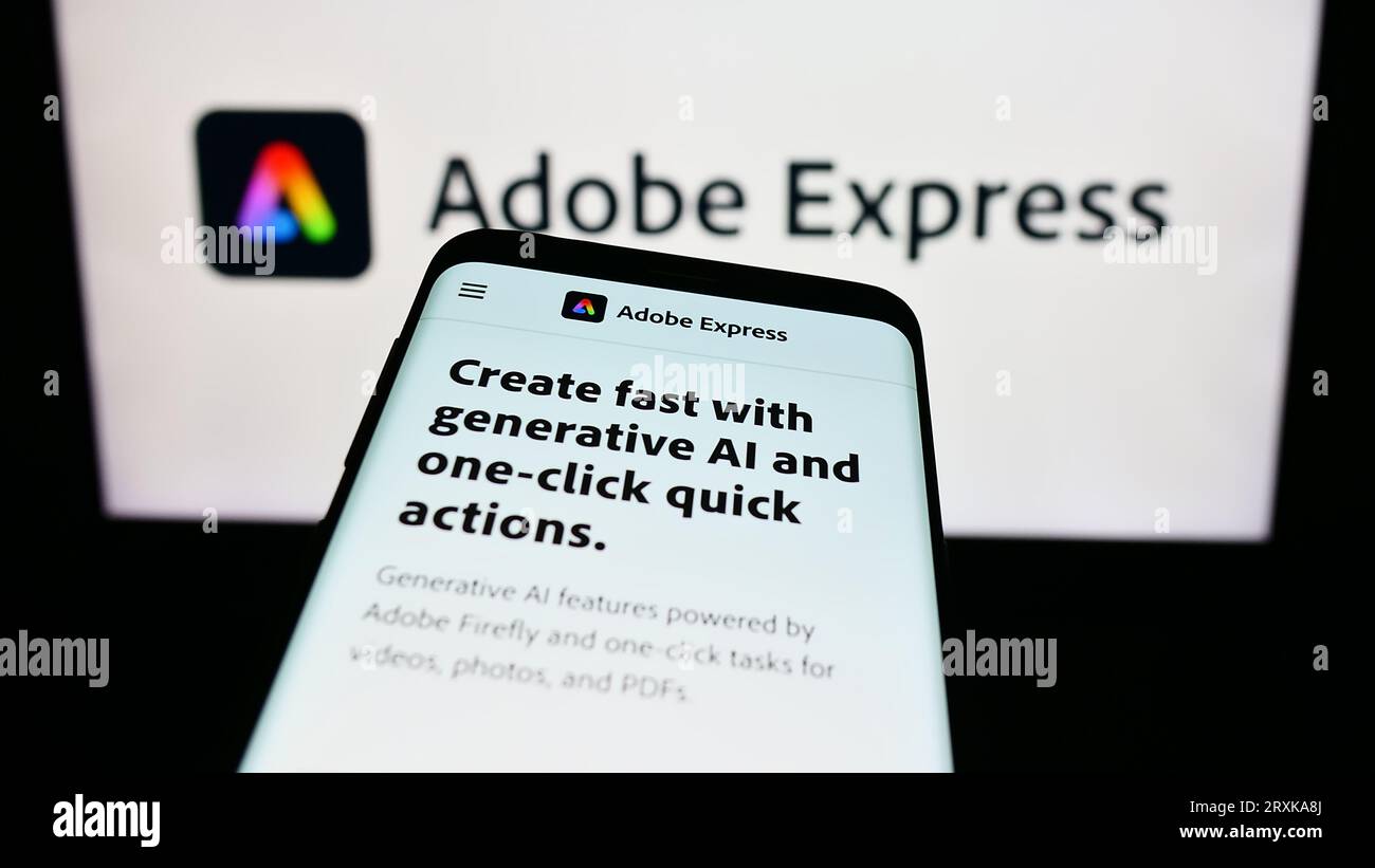 Mobile phone with website of graphics design software Adobe Express on ...