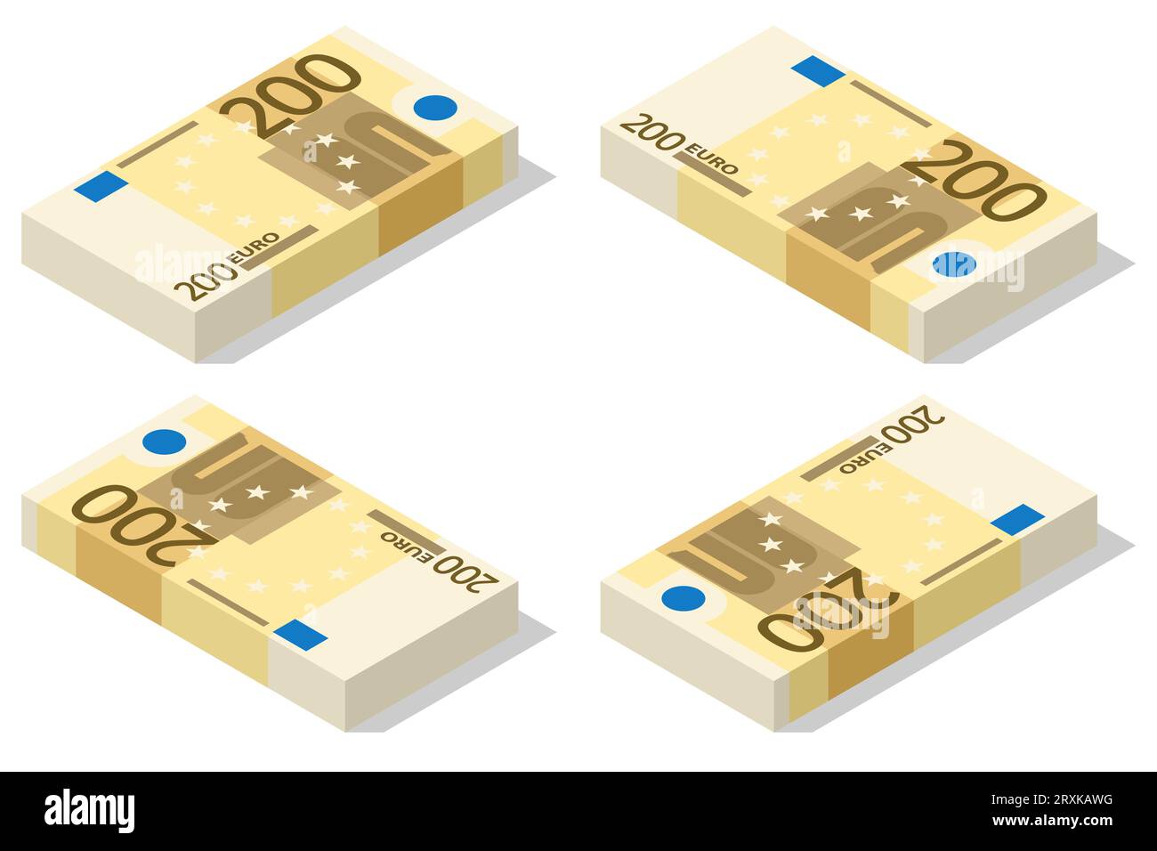 Isometric stacks of Banknotes in denominations of 200 euros on a white ...