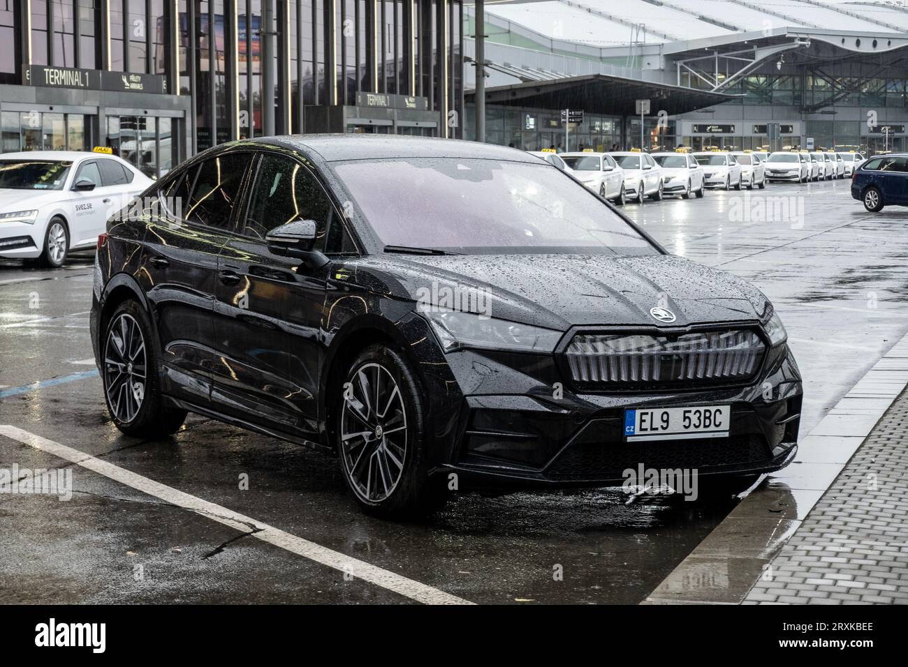 PRAGUE, CZECH REPUBLIC - AUGUST 26, 2023: Brand new black Skoda Enyaq ...