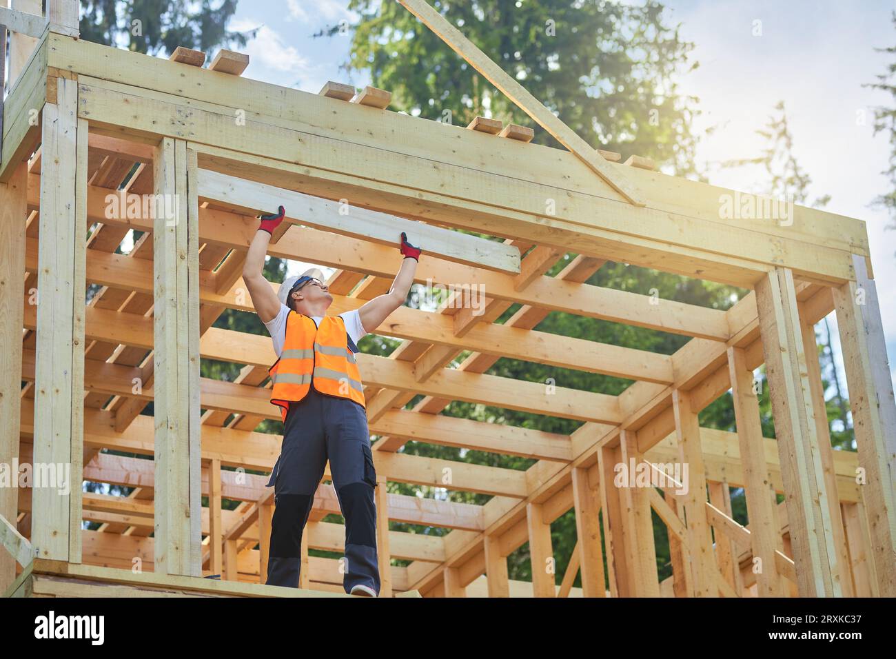 Builder wearing uniforn, vest and helmet, holding, raising wooden ...