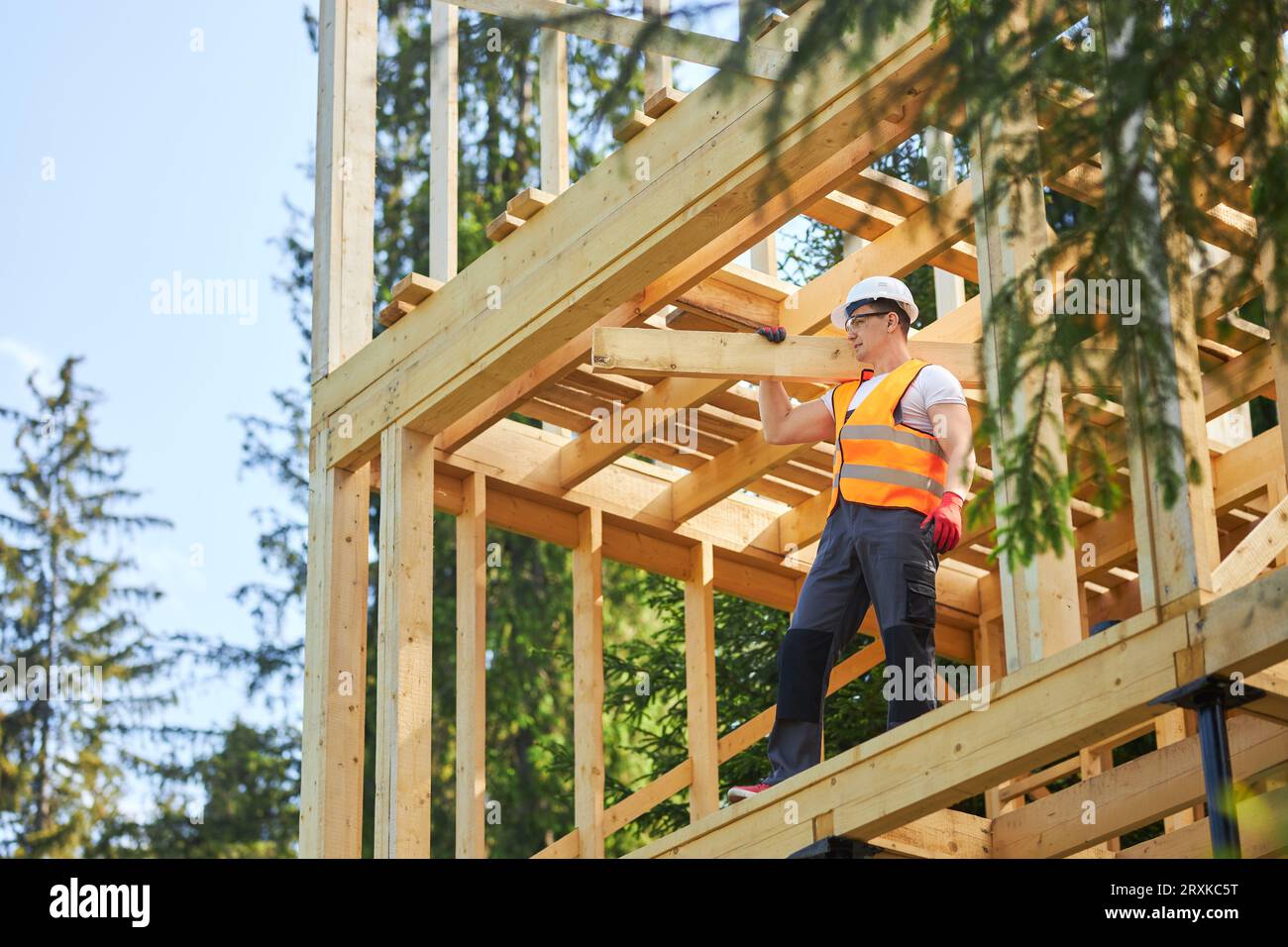 Strong male builder, holding, raising, carrying wooden board, gilder ...