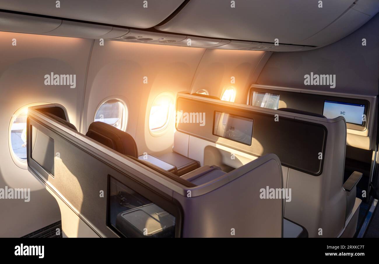 Modern airplane interiors, luxury first class and business class seats ...