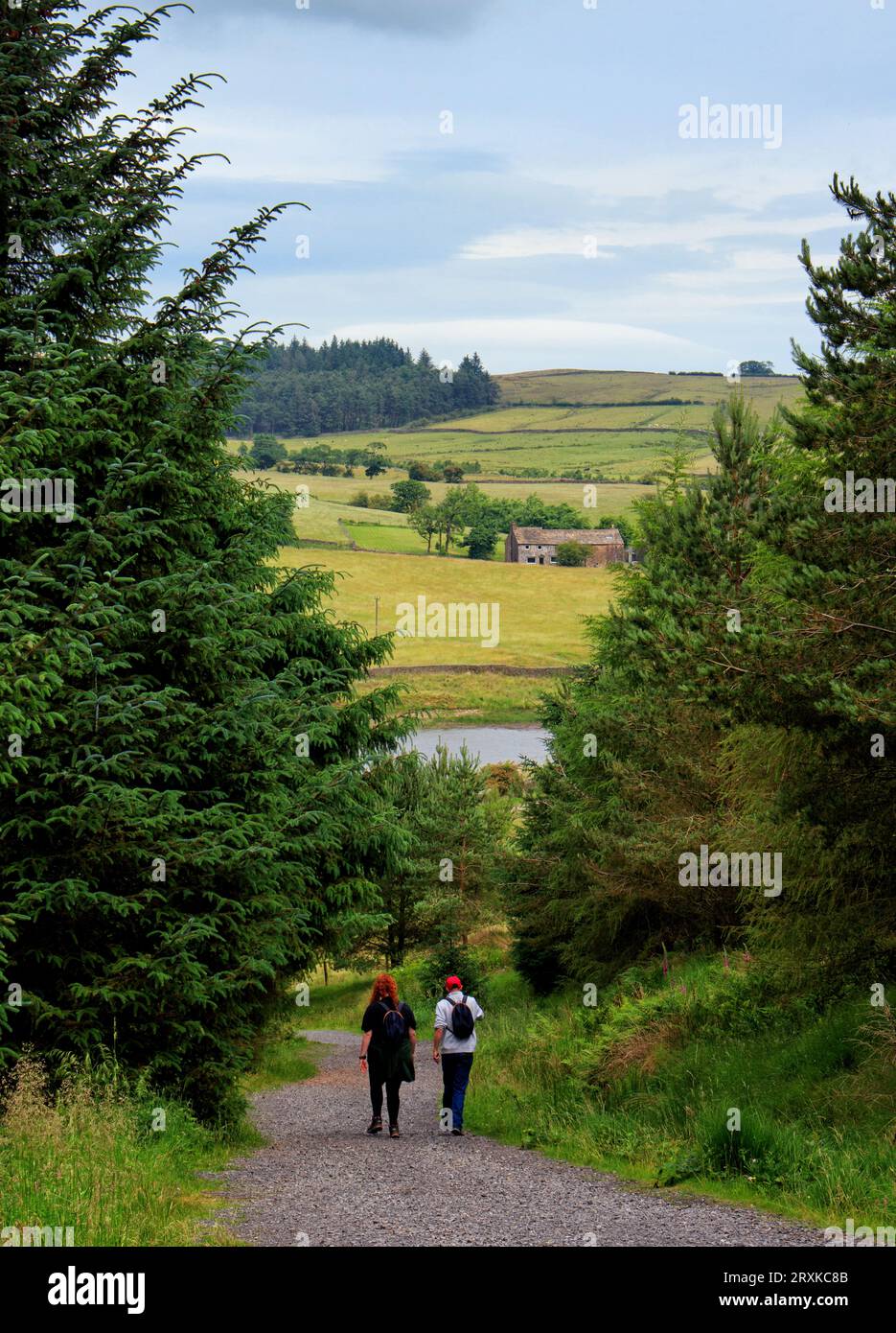 A walk in the Pendle countryside. Two hikers leaving the sculpture ...