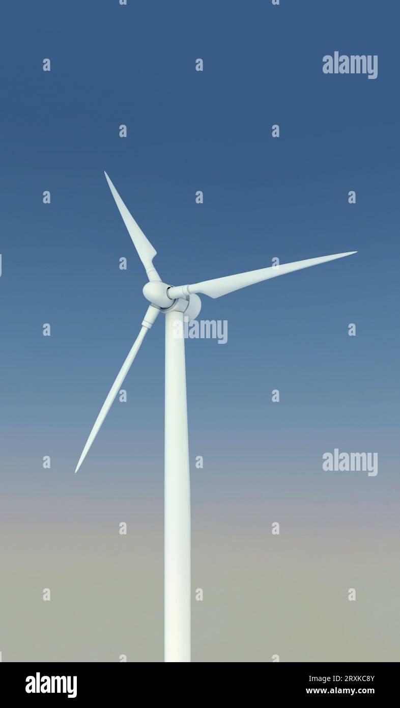 Clean natural alternative energy. Wind turbine at blue sky. Vertical ...
