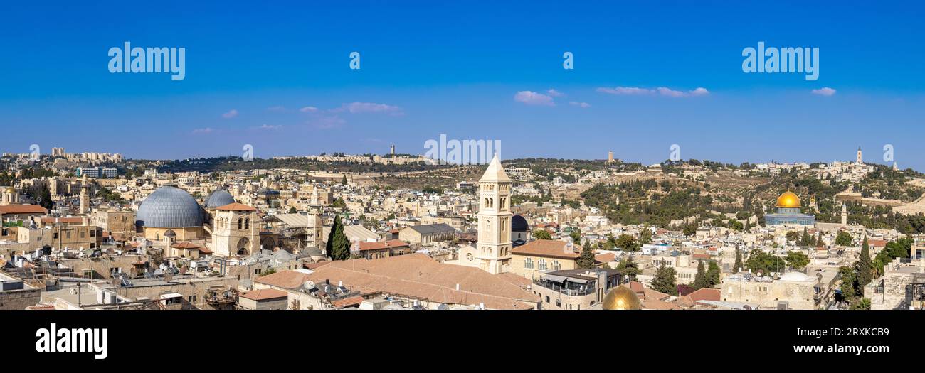 Panoramic skyline view of Jerusalem and arab and jewish neighborhood ...