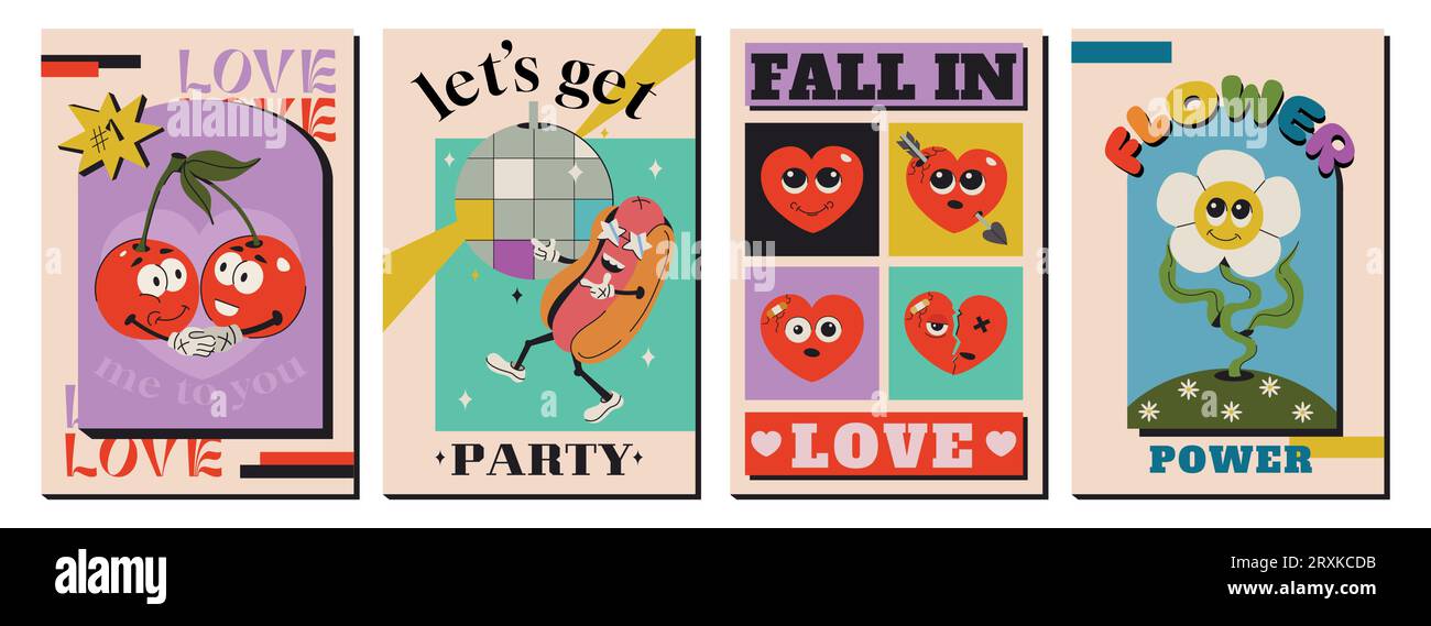 Retro posters with psychedelic comic characters, flower, hearts, cherry ...