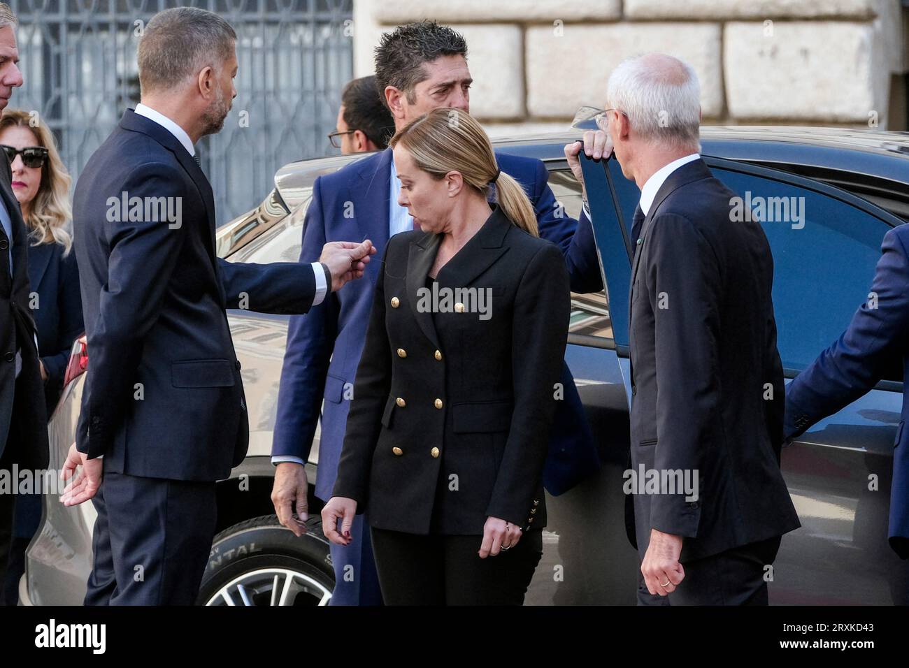 Italian Premier Giorgia Meloni, center, arrives for the funeral of ...