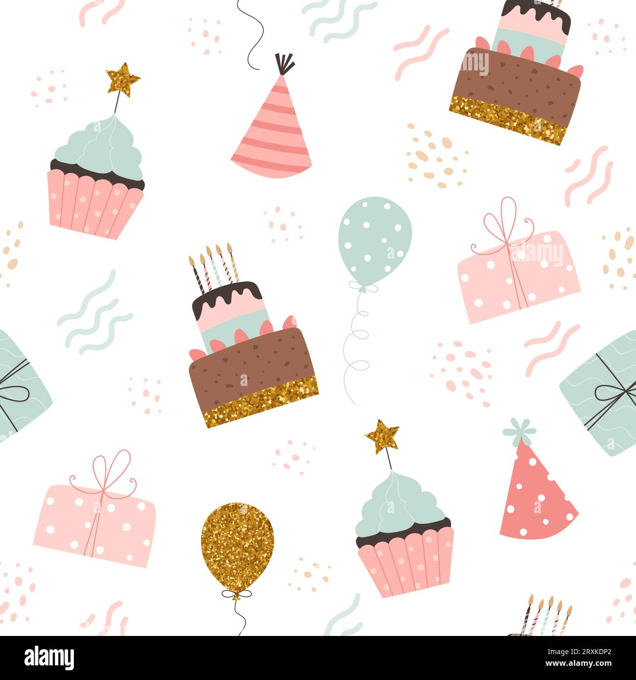 Happy birthday pattern. Cakes, balloons, gifts and party hats. Festive ...