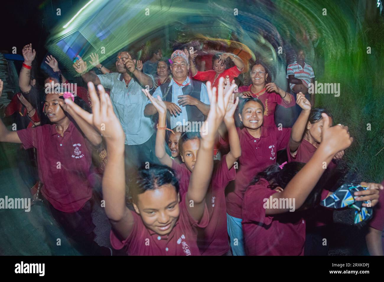 Bhaktapur, Nepal. 22nd Sep, 2023. People dance and celebrate as the ...