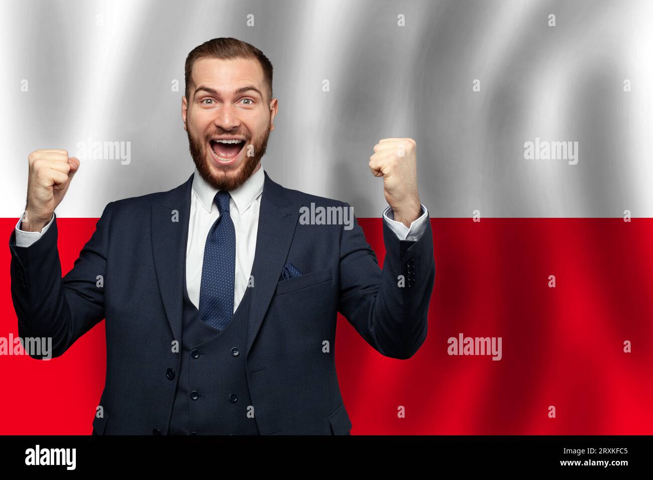 Polish happy businessman on the background of flag of Poland Business ...