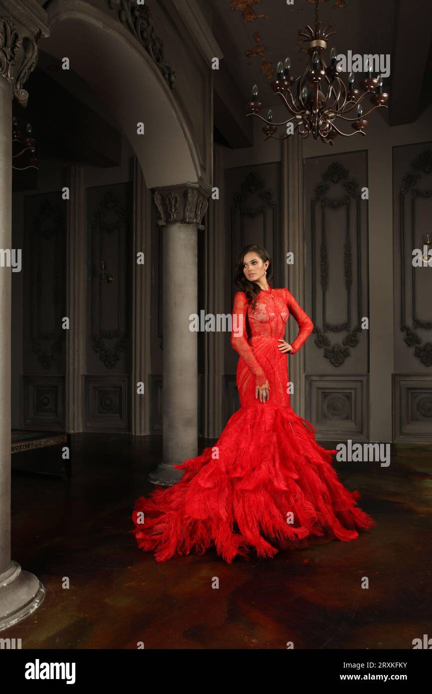 Fashion portrait of elegant attractive model woman in red dress in ...