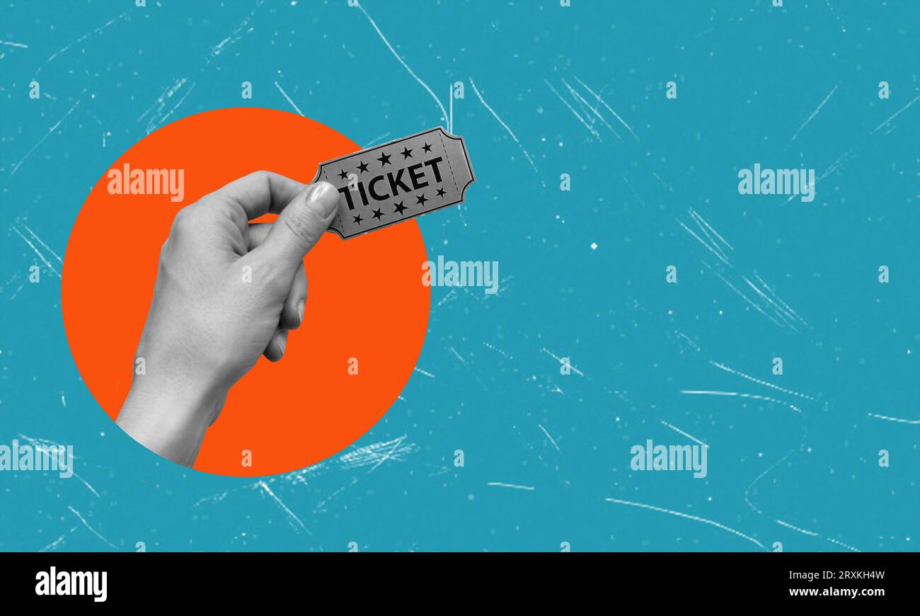 Art collage, hand with ticket on blue background with space for text ...