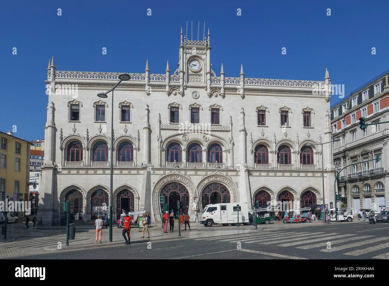 Portugal, Lisbon, Rossio Railway Station entrance. A 19th century train ...