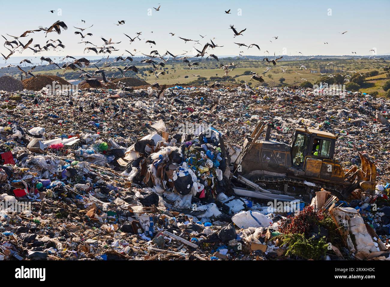 Heavy machinery shredding garbage in an open air landfill. Waste Stock ...