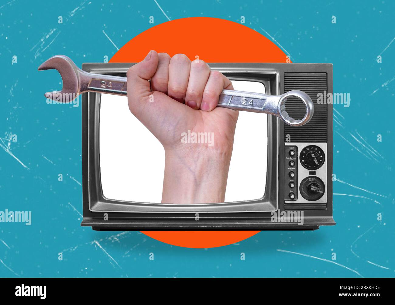 Contemporary art collage. Man's hand sticking out of TV, ruling key on ...