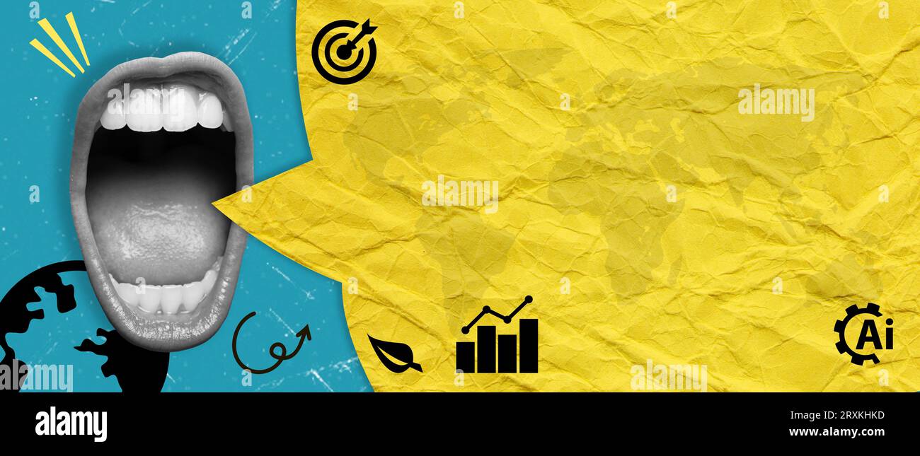 Artistic collage with a screaming mouth on a blue background and a ...