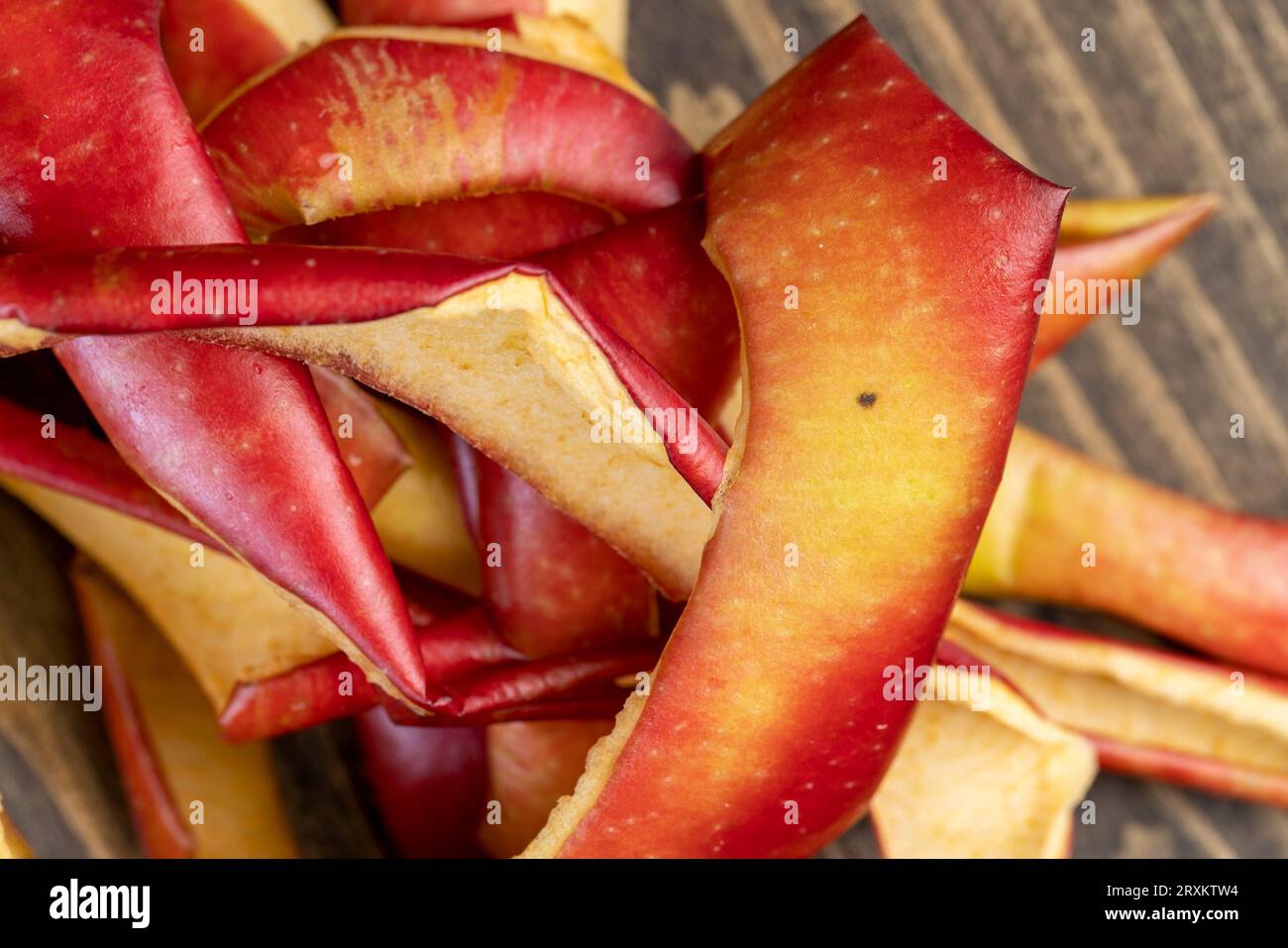 the flaccid peel of a peeled apple on the table, the peel of peeled ...