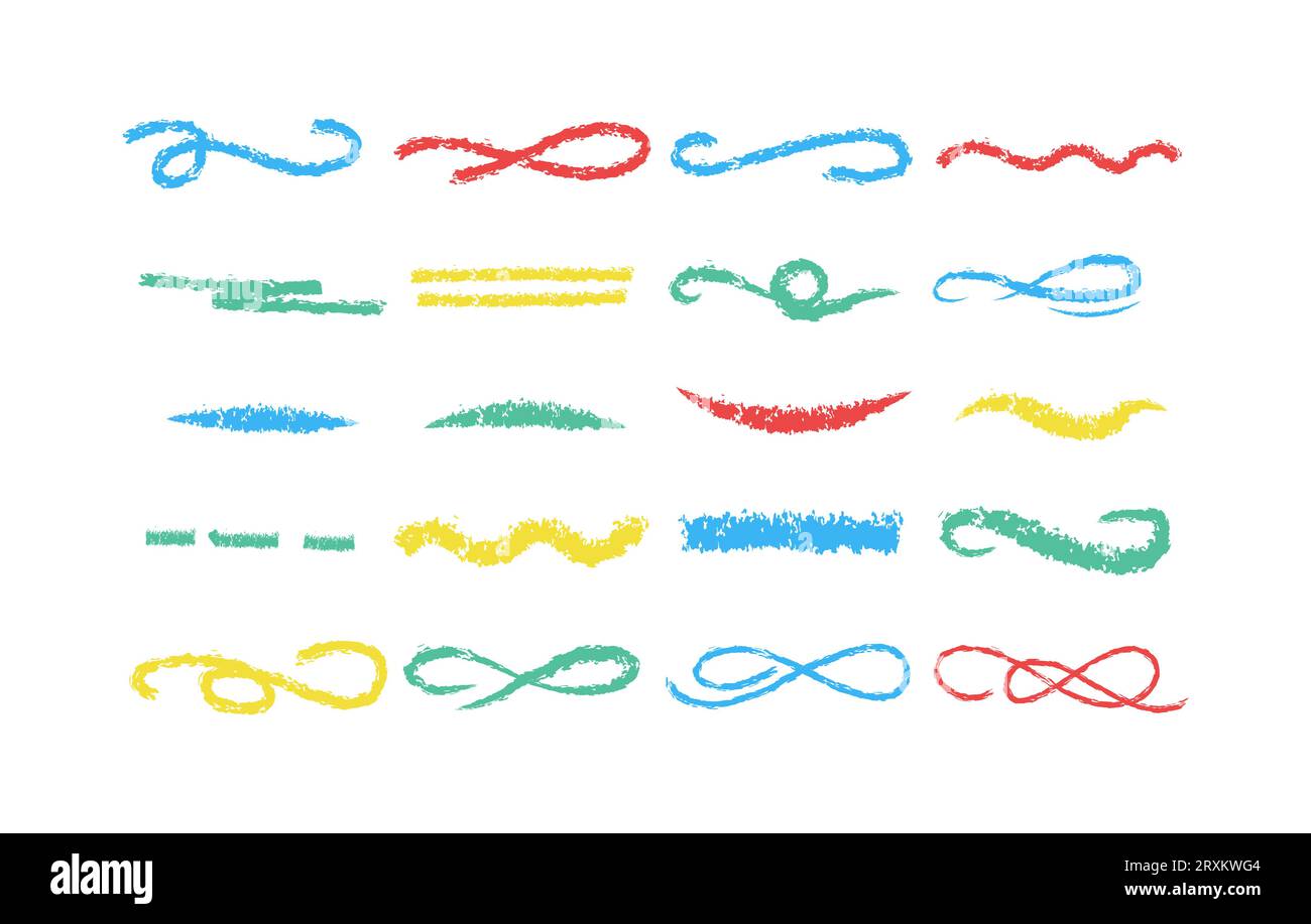 Set of crayon emphasis. strikethrough multi colored charcoal lines ...