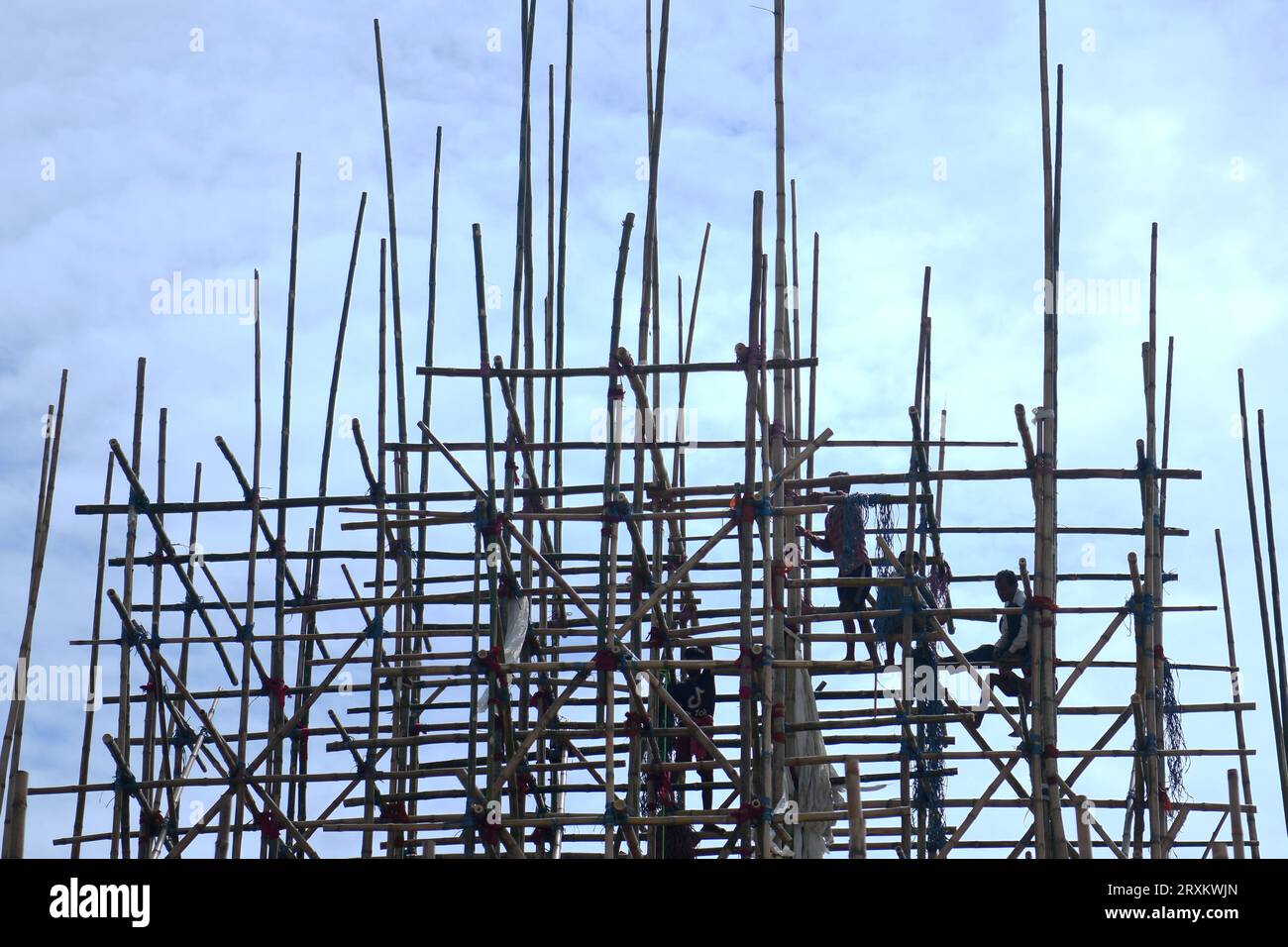 Workers are making a temporary bamboo structure, locally called "Pandal ...