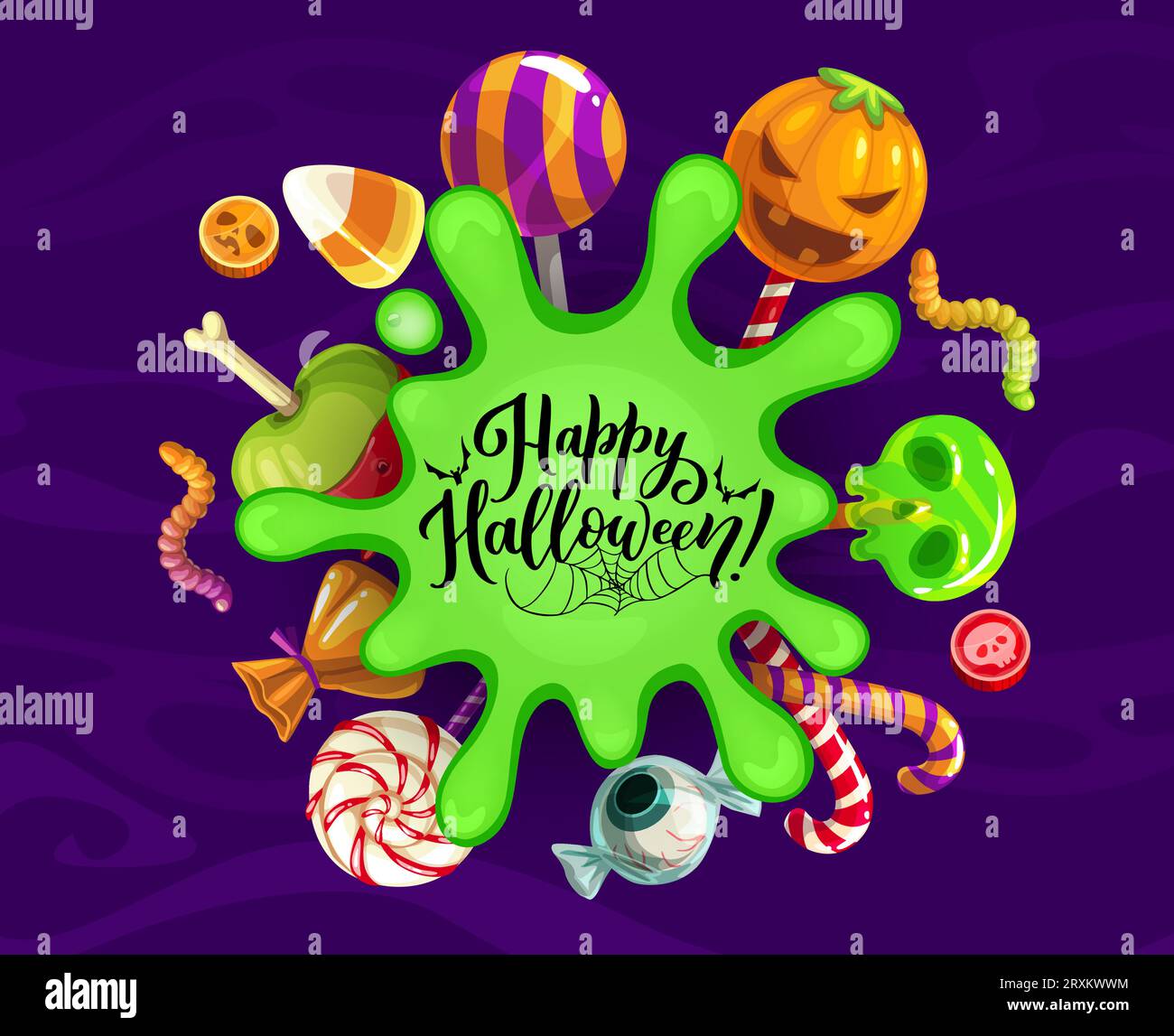 Halloween banner with holiday sweets and green slime blob. Vector ...
