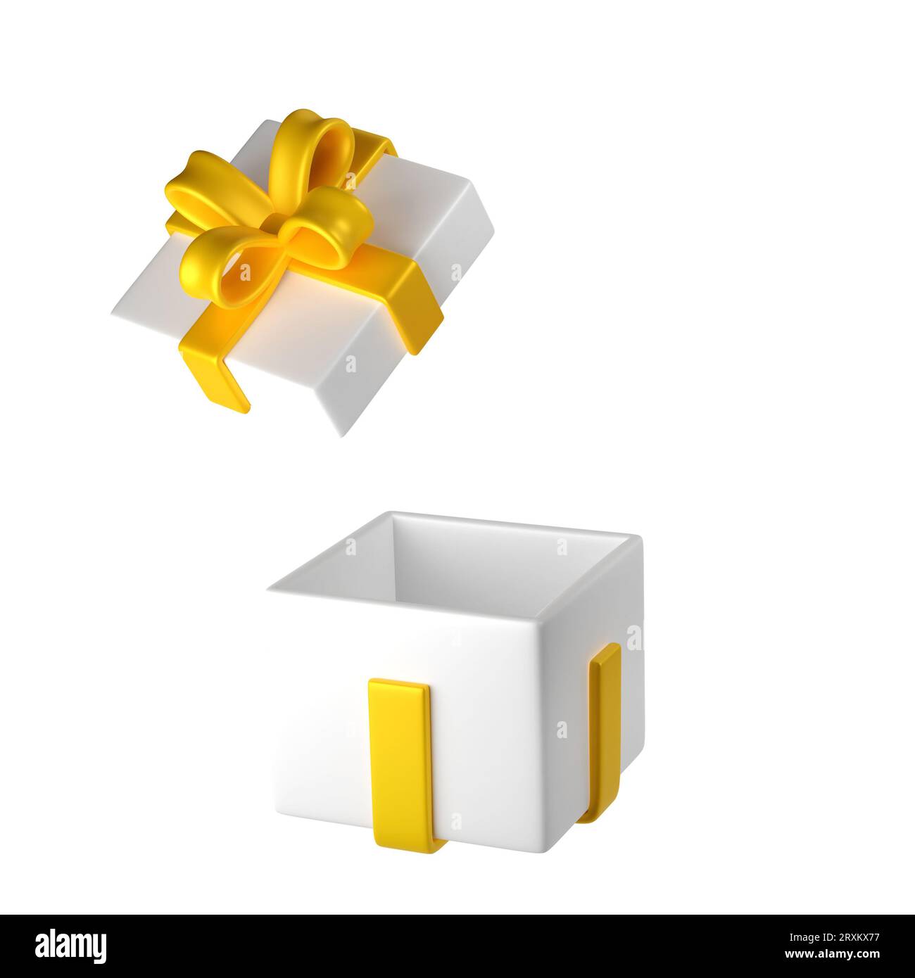 3d white open christmas gift box icon with golden ribbon bow on white ...