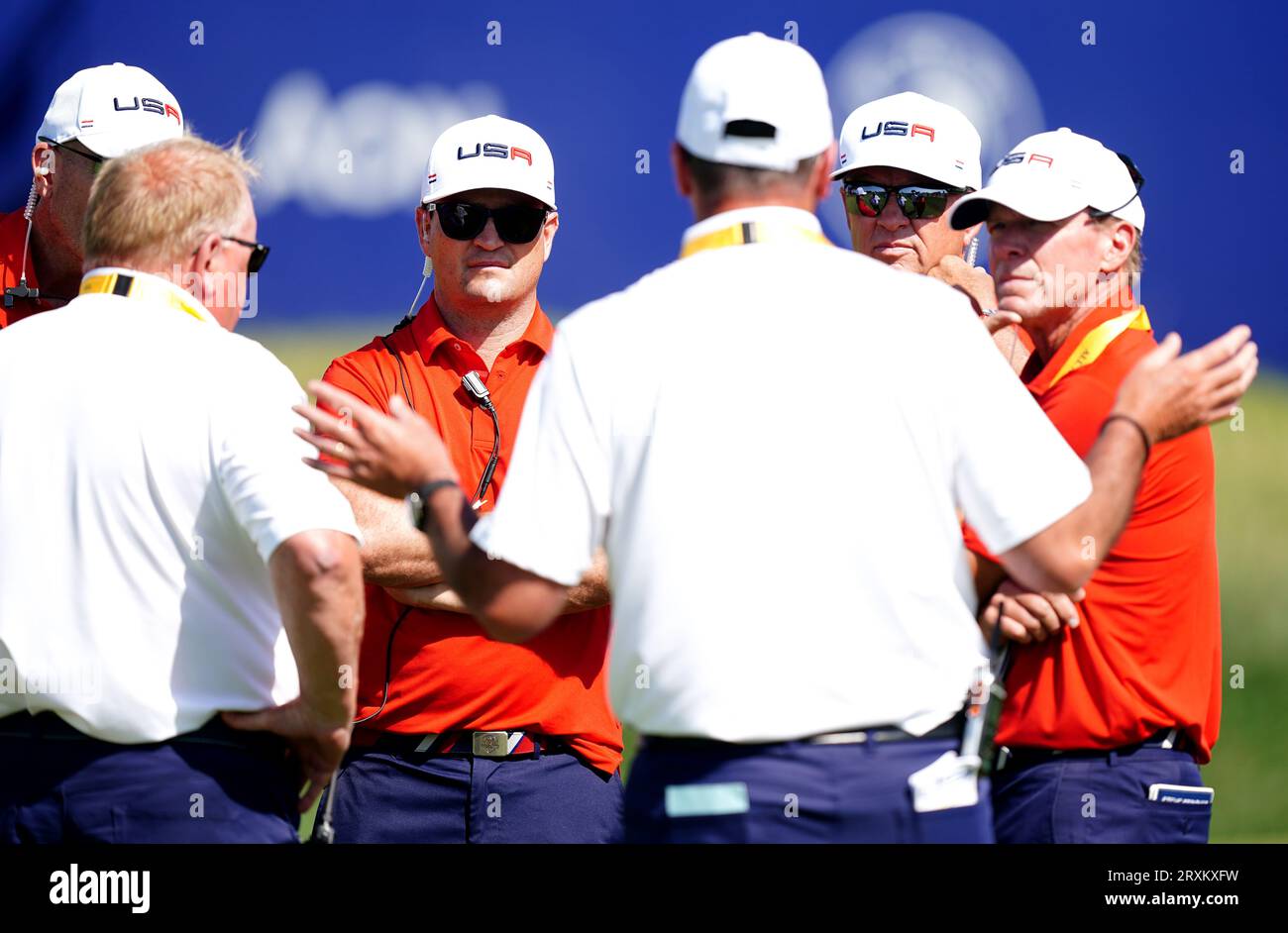 USA Captain Zach Johnson in conversation with officials as he watches ...