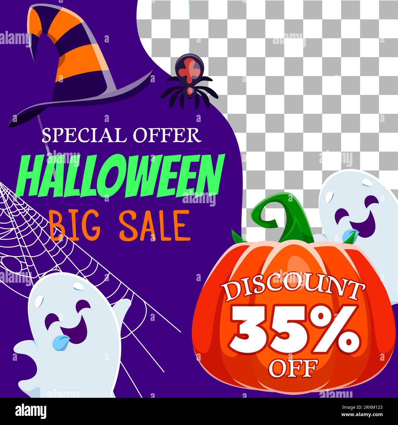 Halloween holiday sale banner with kawaii ghosts, witch hat and pumpkin ...