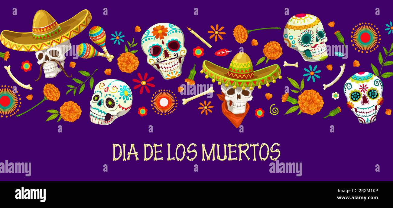 Mexican calavera sugar skulls on Dia de Los Muertos holiday banner. Dia ...
