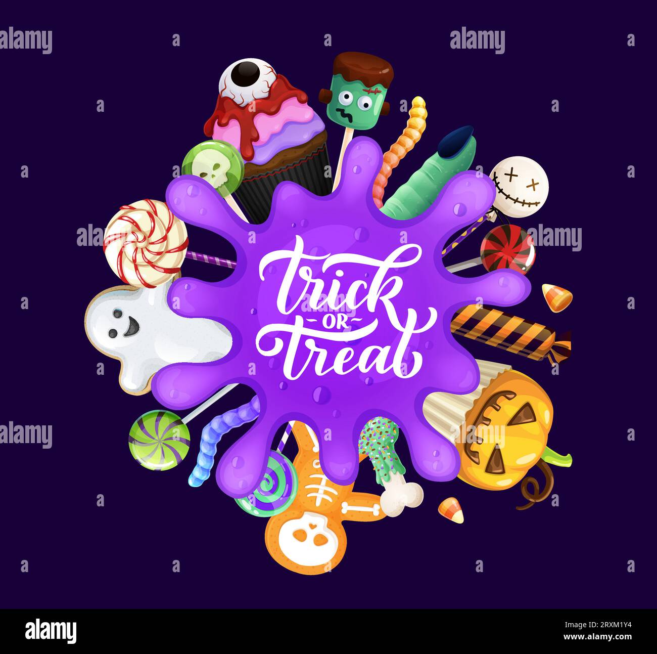 Halloween banner with sweets and purple slime blob. Cartoon vector ...