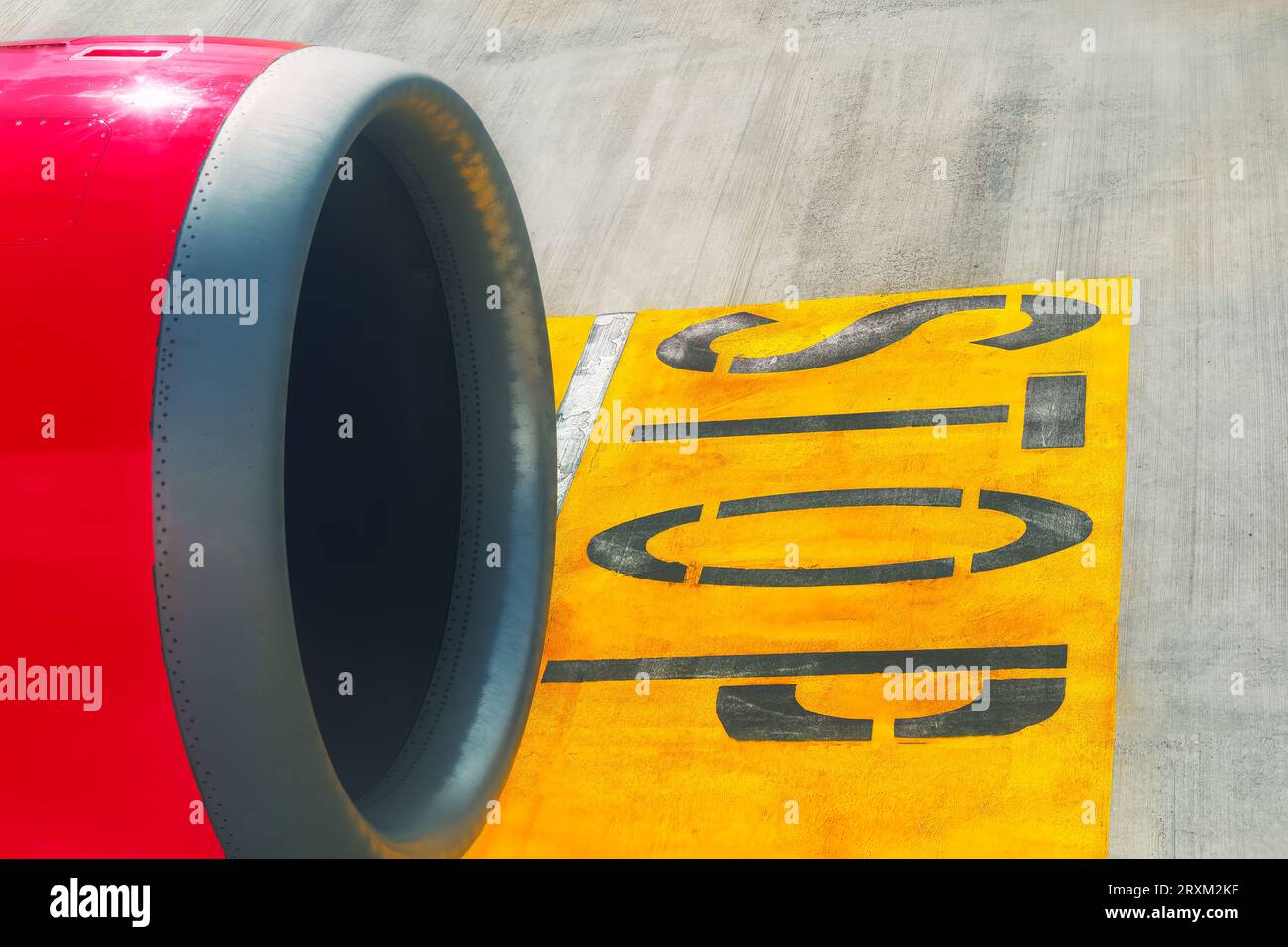 Airplane engine on airport runway. Airplane is preparing to take off ...