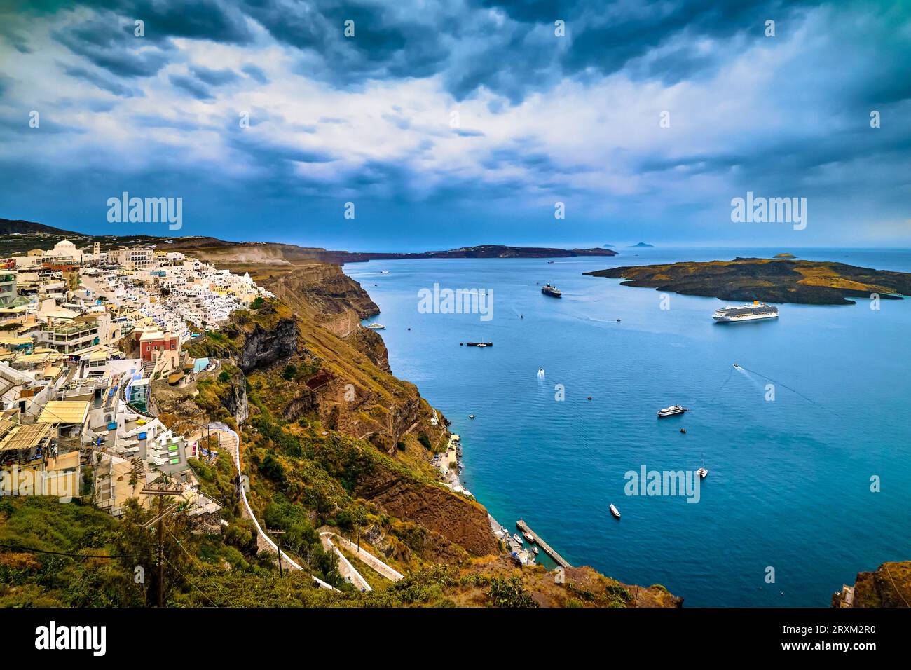 Aerial view of famous caldera bay on Santorini island, Aegean sea ...