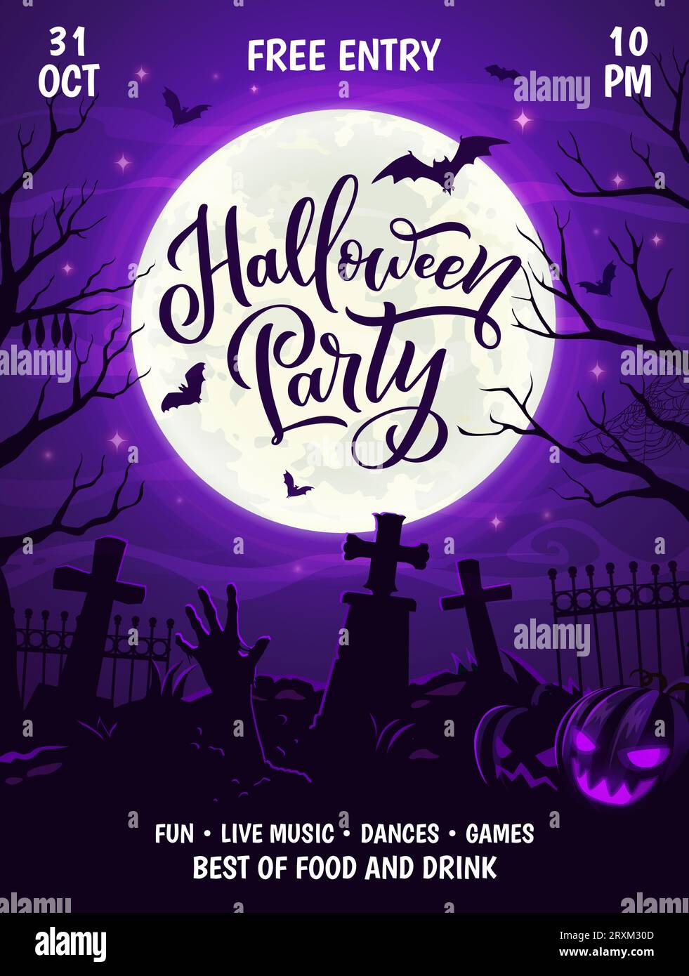 Halloween party flyer with cemetery silhouette and zombie hands, horror ...