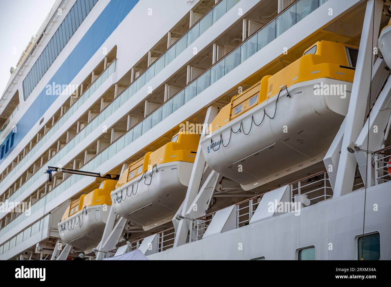 Three yellow AIDA Bella Lifeboats attached to the cruise ship Stock ...