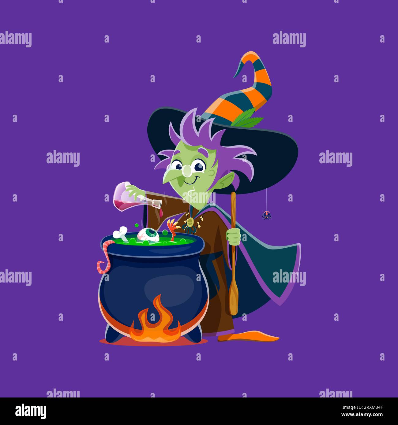 Halloween witch with cauldron, horror night holiday vector cartoon ...