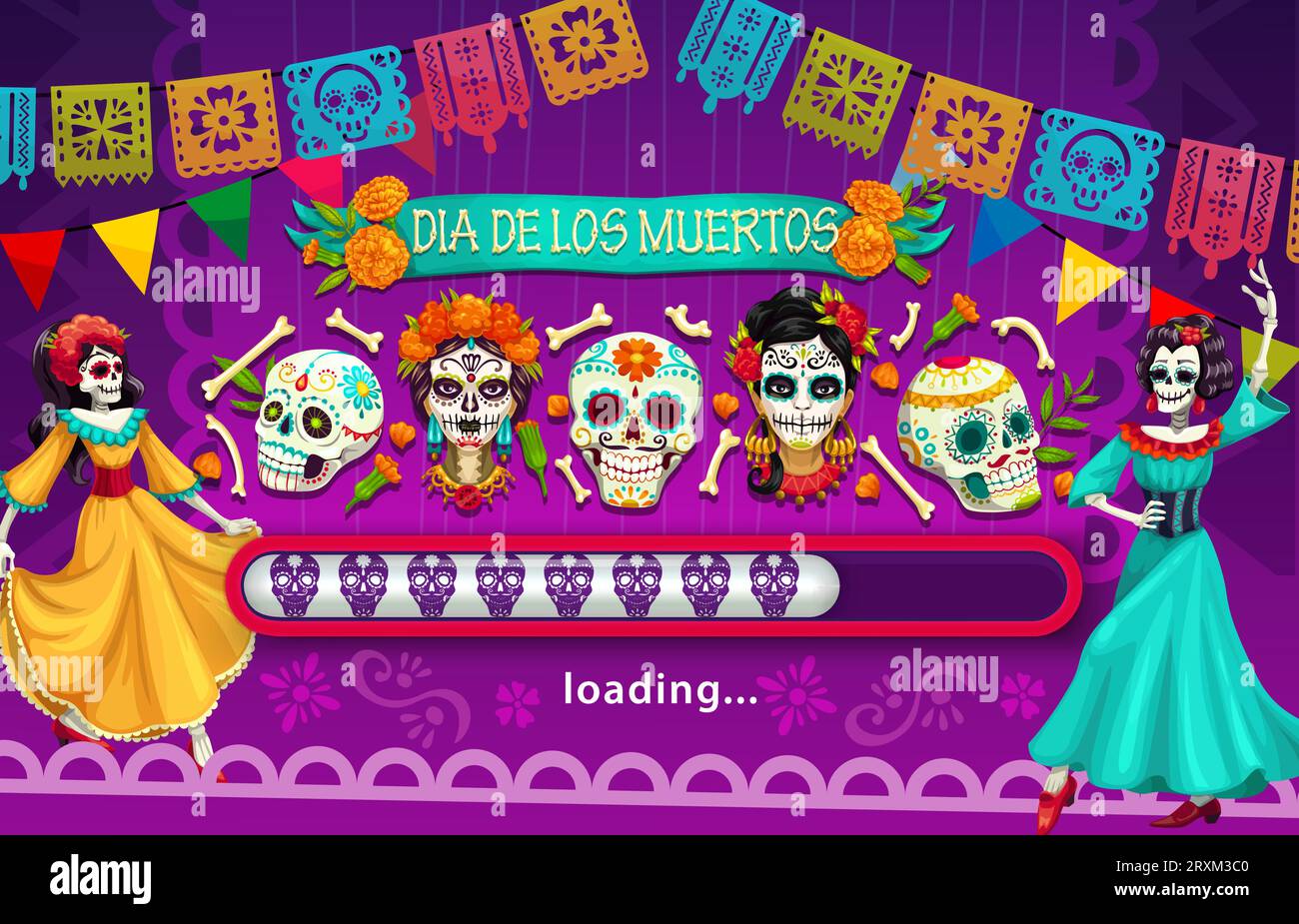 Mexican Dia de Los Muertos holiday loading page. Day of the Dead ...