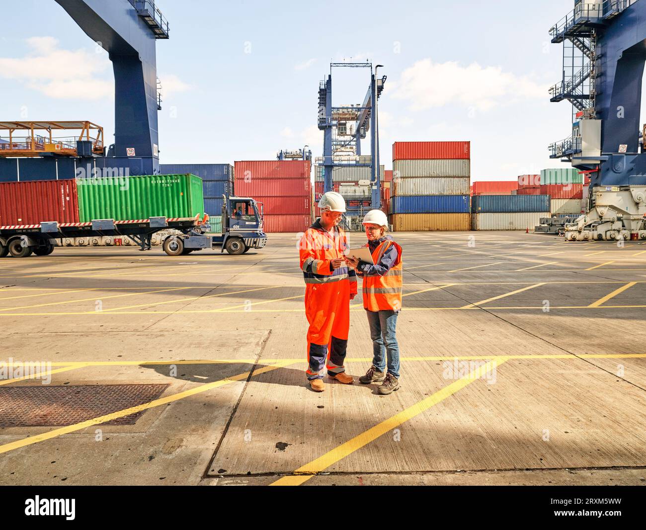 Dock workers using tablet PC at Port of Felixstowe, England Stock Photo ...