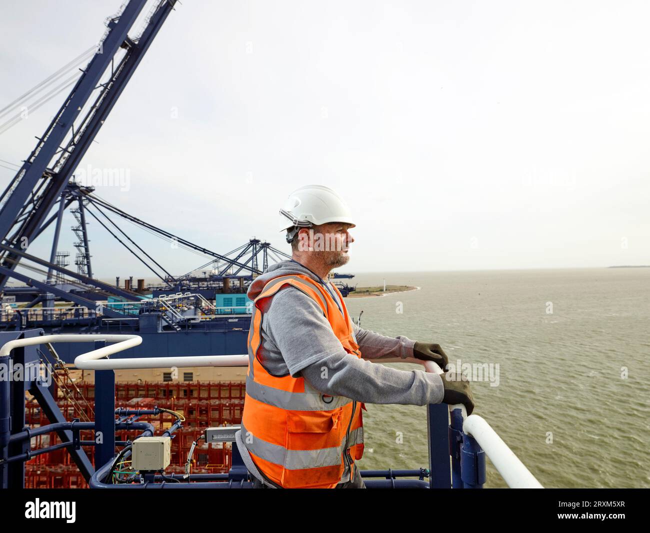 Dock worker looking at view from crane railing Stock Photo - Alamy