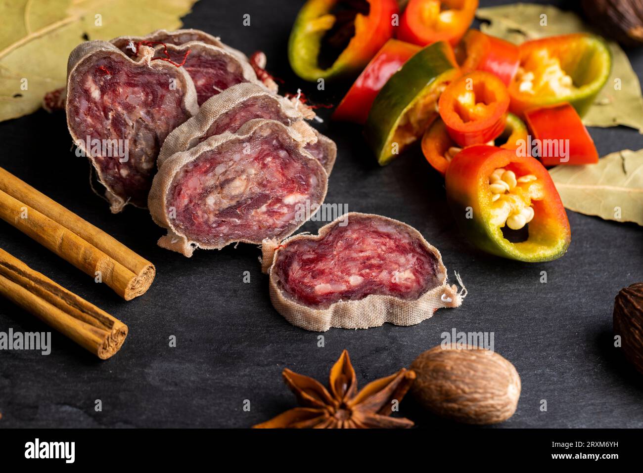 Unpeeled sliced salami using beef meat with spices, fresh and delicious ...