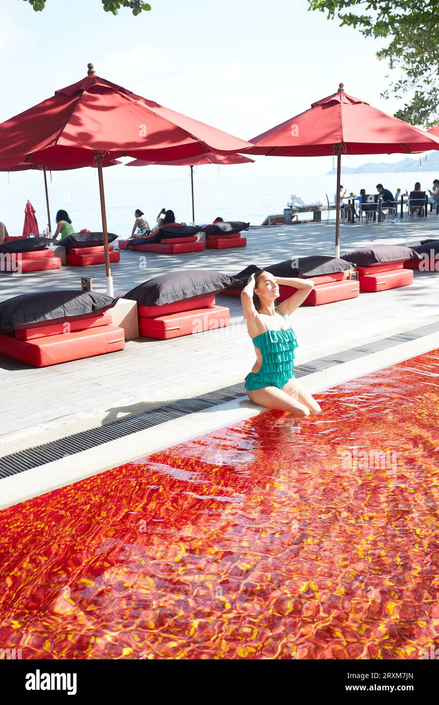 Tourist woman in red swimsuit hi-res stock photography and images - Alamy