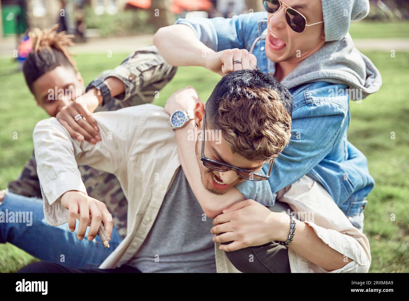 Teenage boys play fighting in park Stock Photo - Alamy