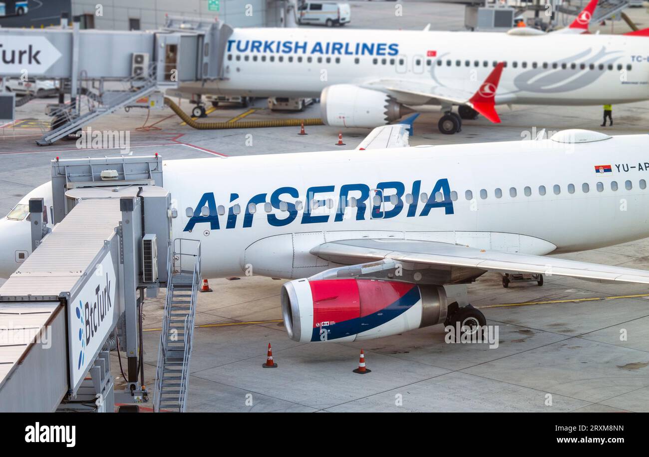 ISTANBUL - JAN 16: Airplane with AIR SERBIA logotype on surface before ...