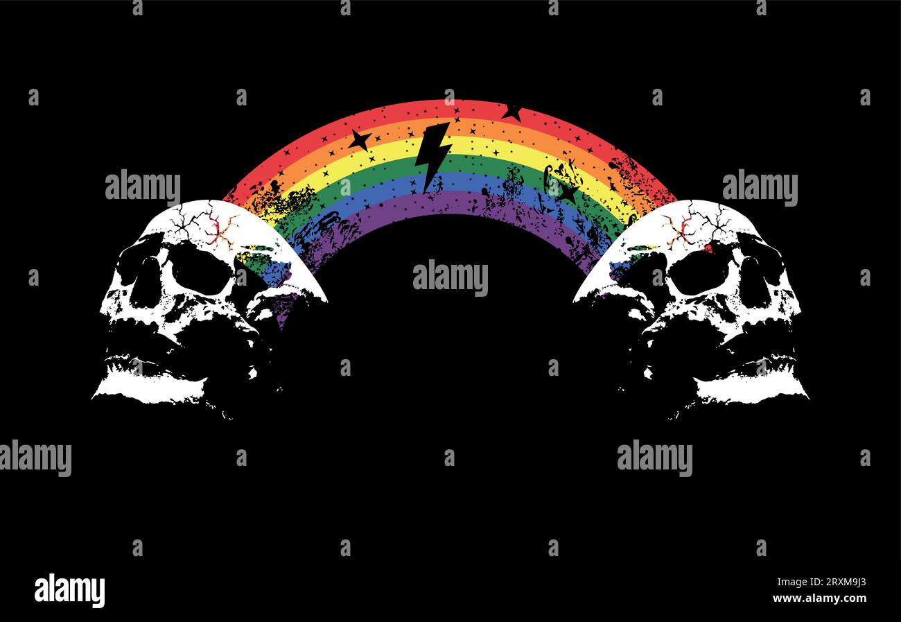 T-shirt design of two skulls joined by a rainbow isolated on black ...