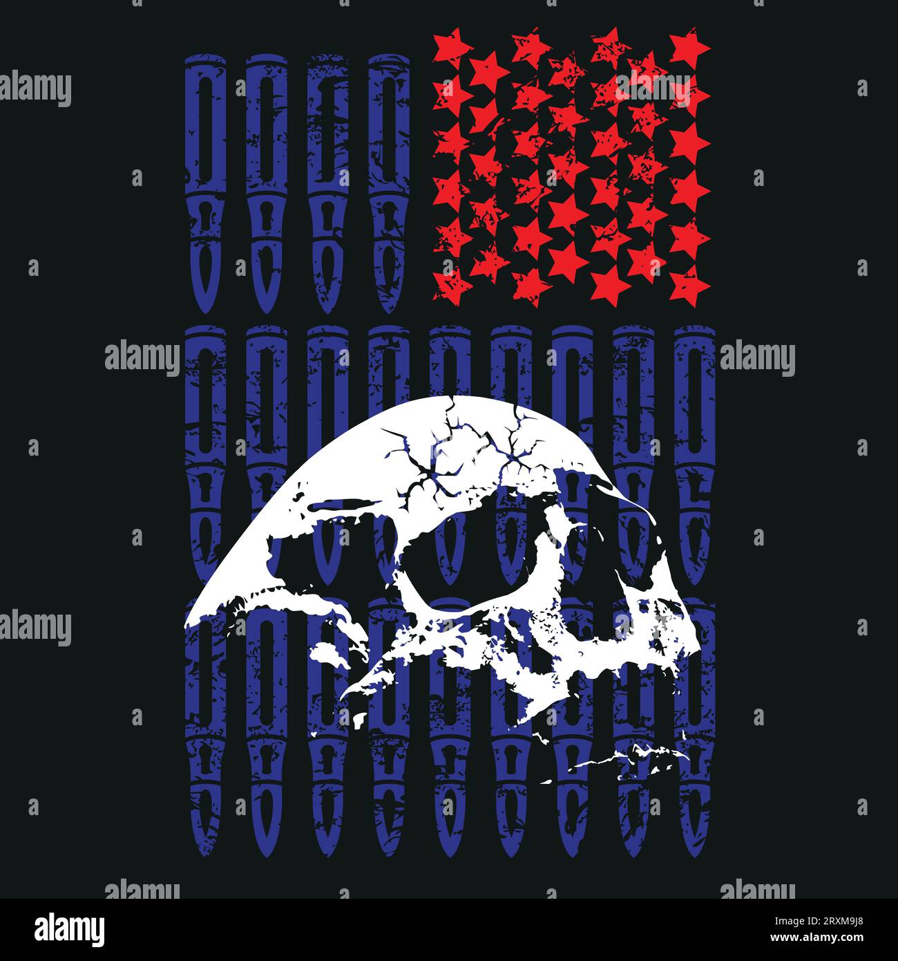 T-shirt design of a skull next to the USA flag made up of bullets. Anti ...