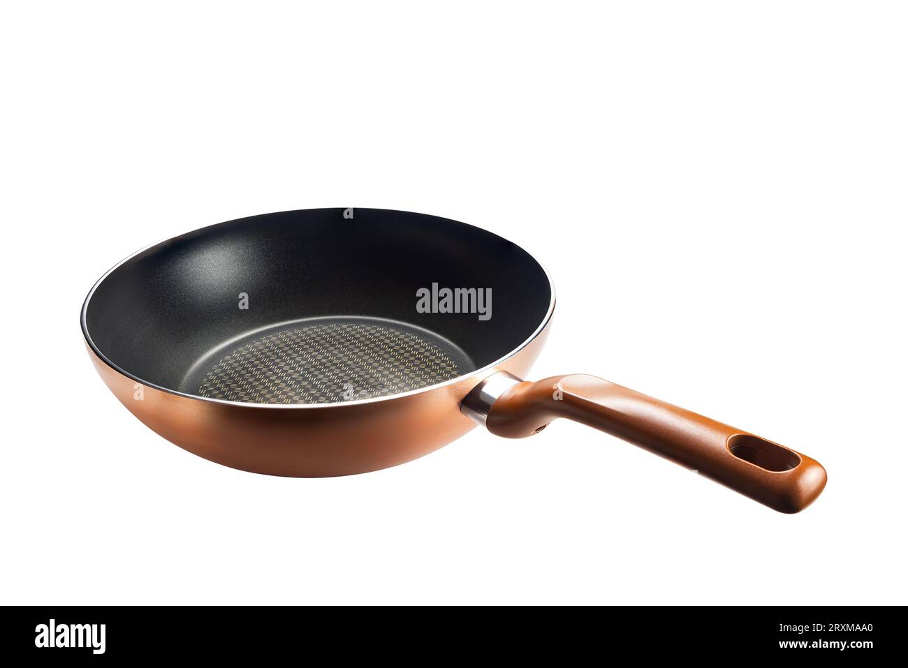 Side view of metal cooking pan with wooden handle isolated on white ...