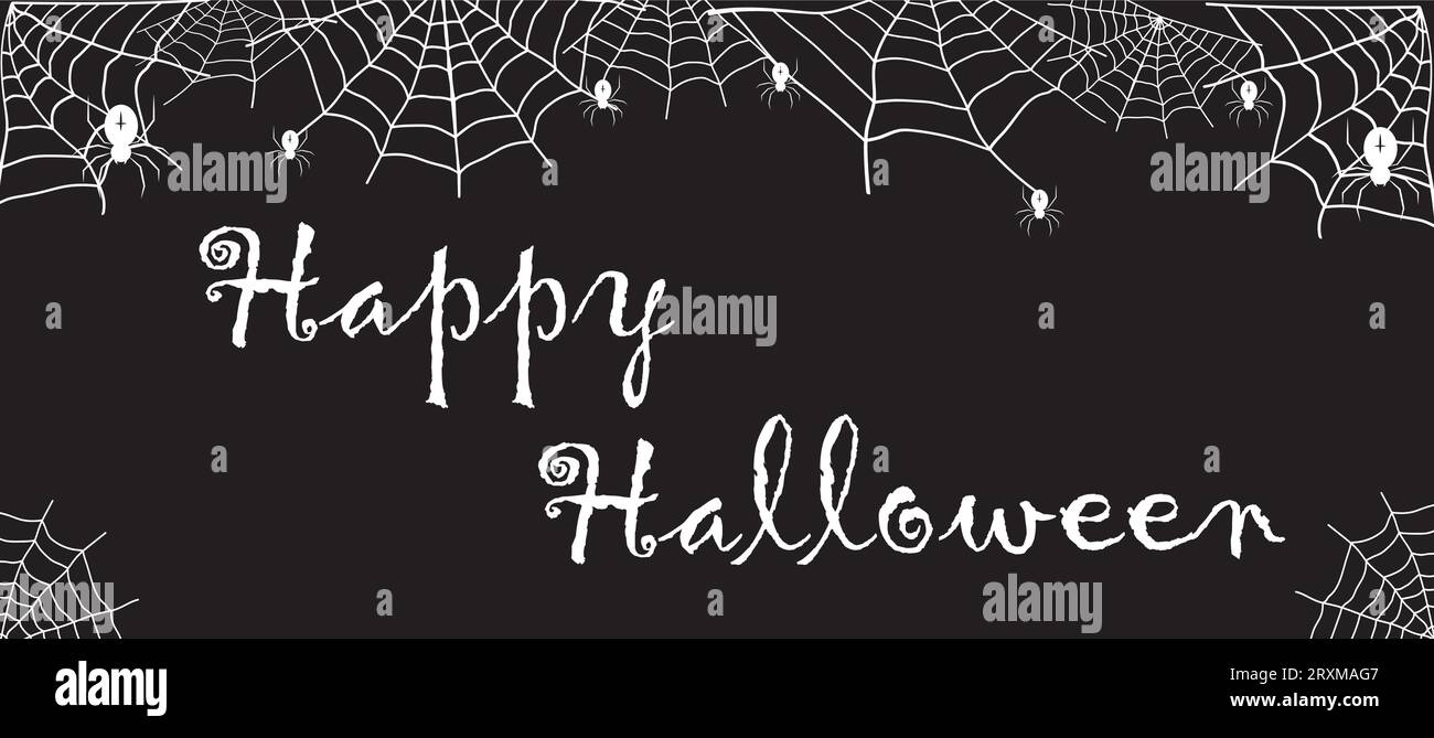 Lettering Happy Halloween. Card with spiders in cobwebs. Illustration ...